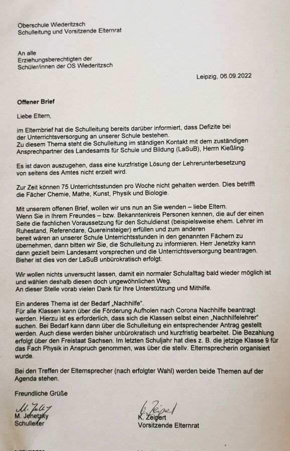 Lehrermangel und Unterrichtsausfall - Oberschule Wiederitzsch