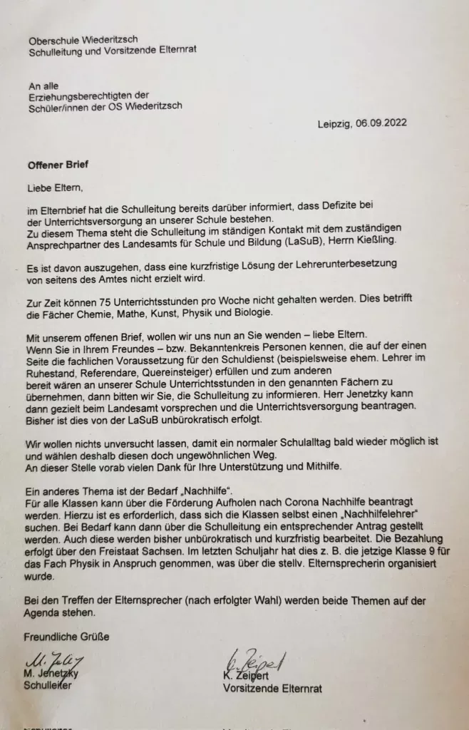 Lehrermangel und Unterrichtsausfall - Oberschule Wiederitzsch